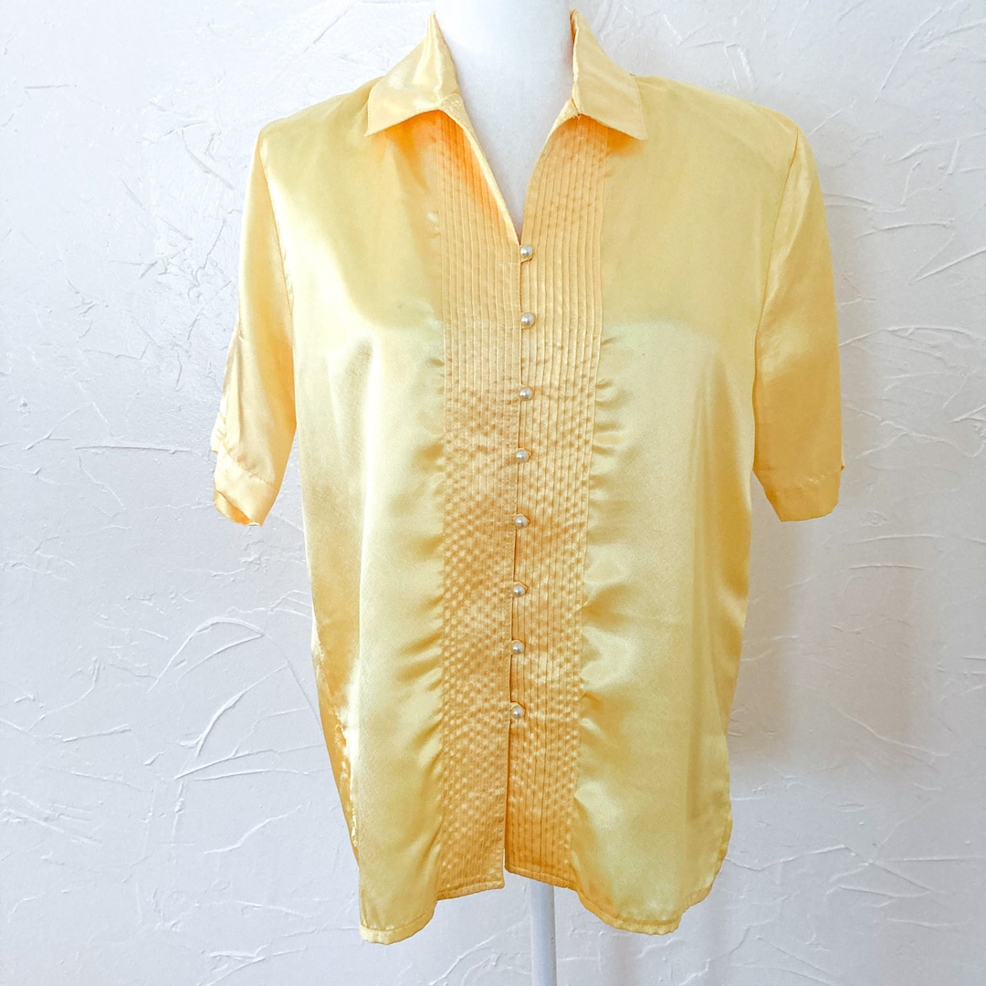 80s Butter Yellow Satin Blouse With Pearl Buttons | Extra Large - Etsy