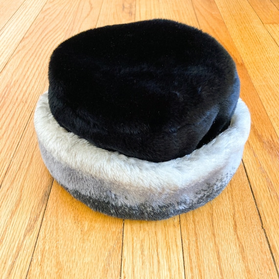 80s Black and Gray Faux Fur Folded Cuff Hat | One Size - Gem