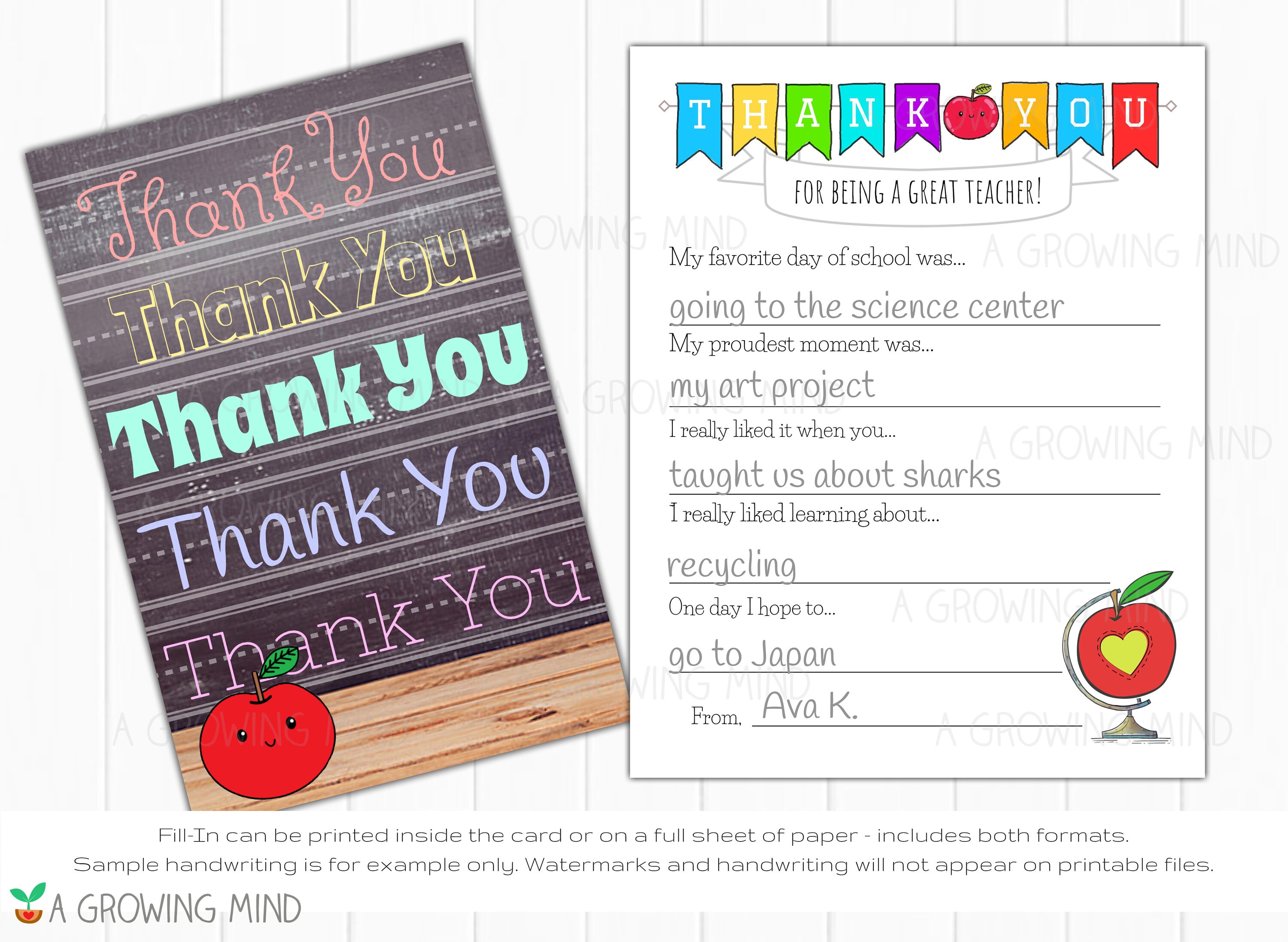 PRINTABLE Teacher Thank You Card, End of Year Teacher Appreciation ...