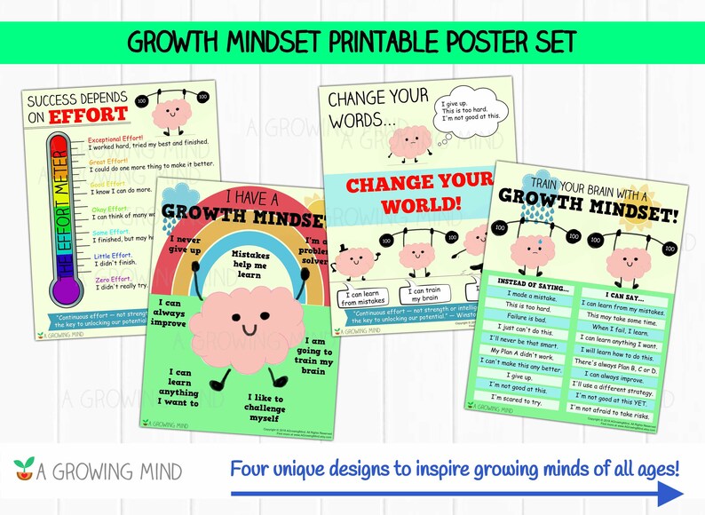 Growth Mindset Posters Set of 4 for School or Home Classroom Supplies ...