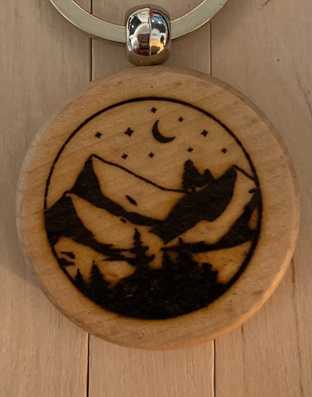 Wooden Keychain, Wood Burnt Keychain, Mountain With Trees, Rabbit ...