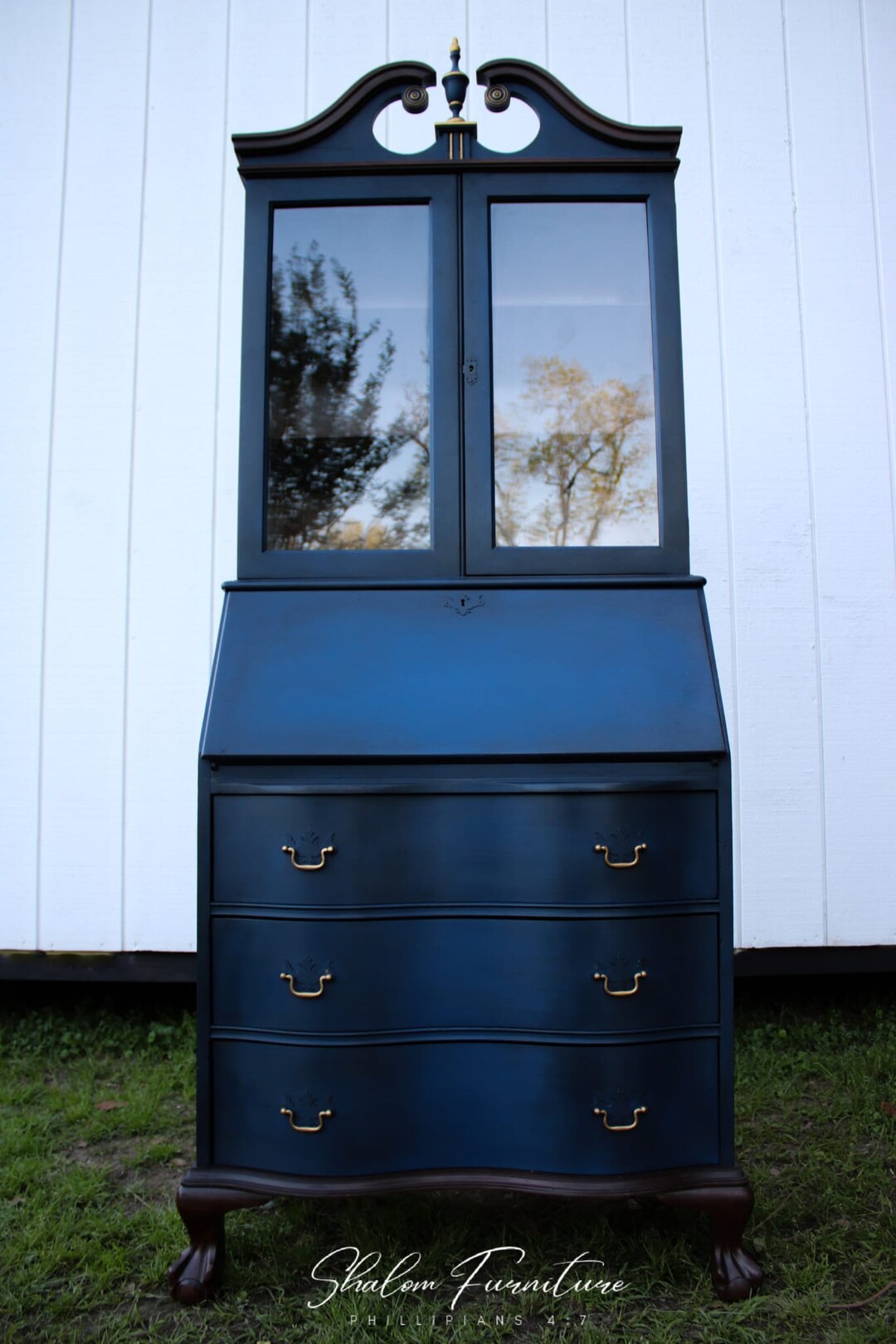Antique Secretary Desk, Refinished Furniture, Mahogany Finish, Blue and ...