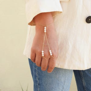 Unique Natural Pearl Gold Hand Chain – Two Rings Solid 18k Gold ...