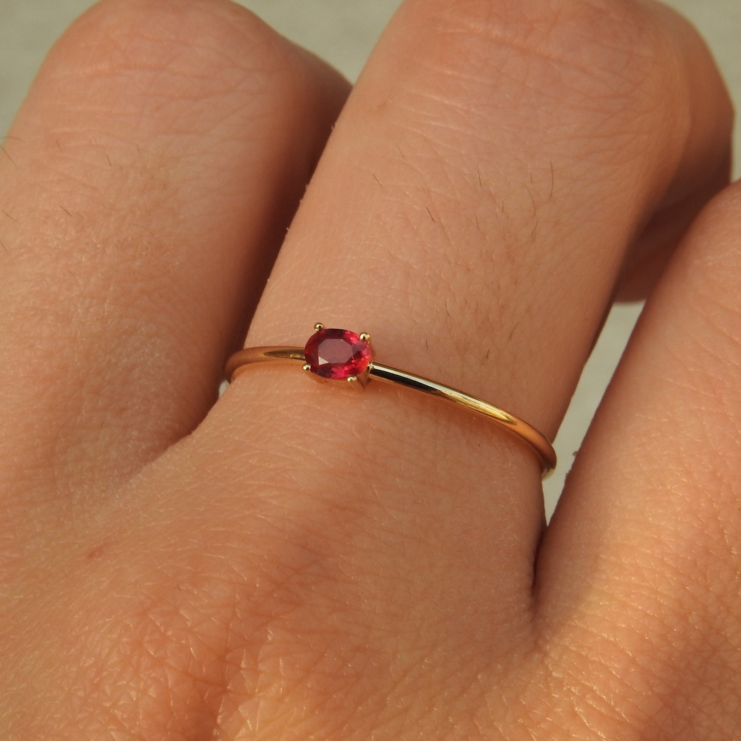 Dainty Oval Ruby Engagement Ring Minimalist Small Ruby Ring Simple Ruby Ring Genuine July ...