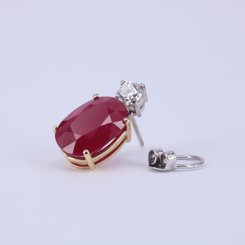 Natural Ruby Diamond Drop Earrings - Large Oval Mozambique Ruby - Solid ...