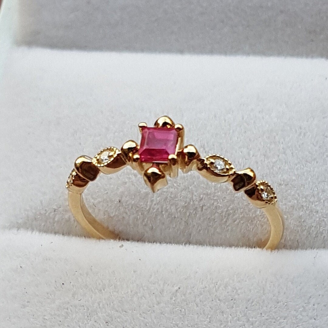 Princess Cut Ruby Nature Inspired Engagement Ring – Dainty Vintage ...