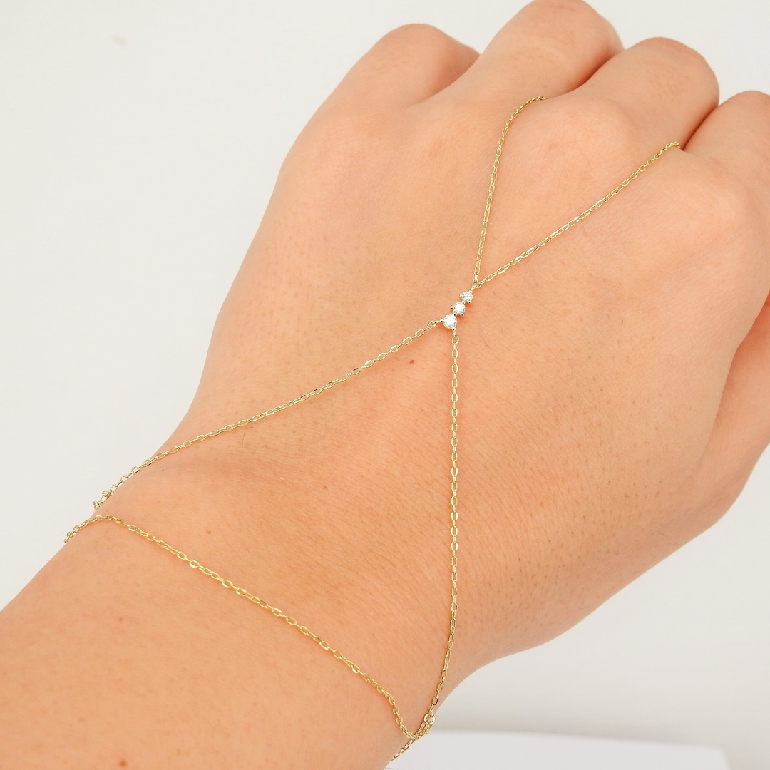 Dainty Diamond Gold Hand Chain Graduated Genuine Diamond Bracelet
