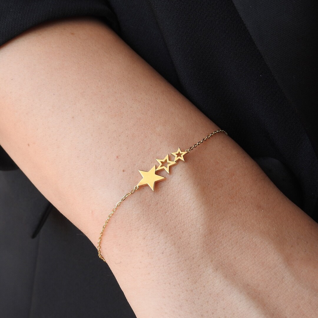 Graduated 3 Stars Bracelet - Dainty Solid 18K Gold Bracelet - Etsy