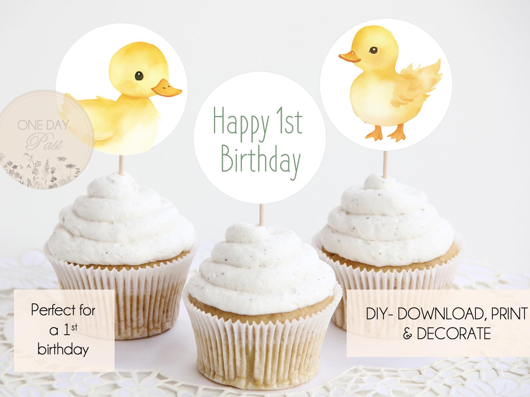 Duckling 1st Birthday Cupcake Toppers EDITABLE Instant Download Farm ...