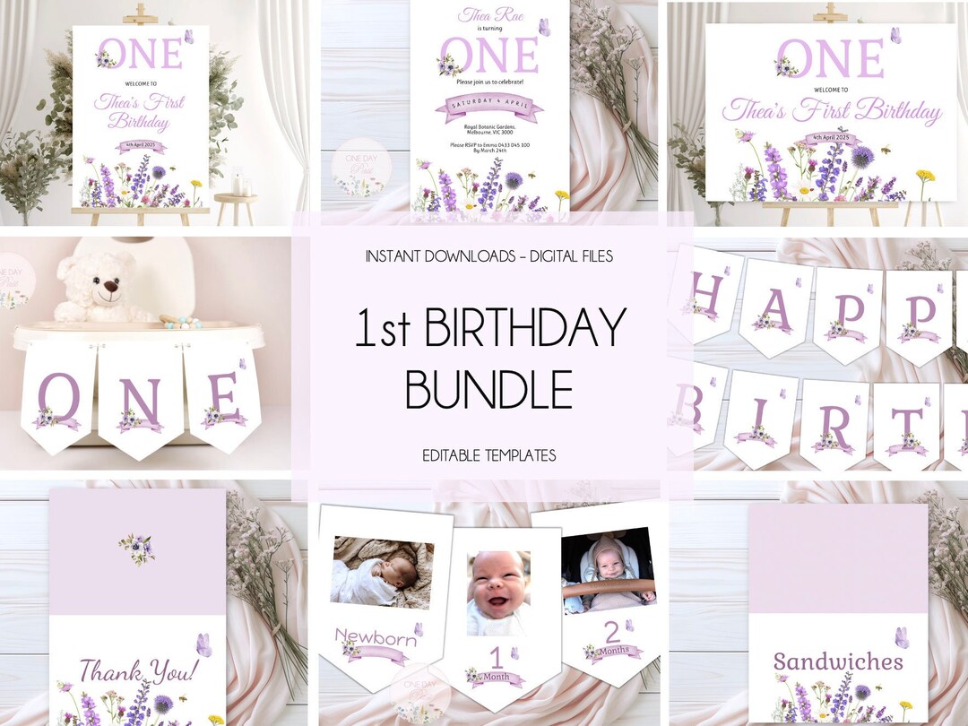 Floral 1st Birthday Party Bundle, Editable Invitation (digital Download ...