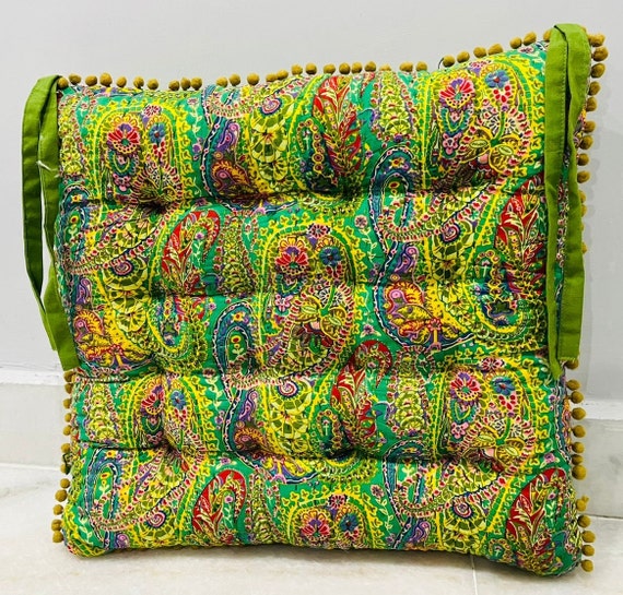 Kantha Chair Cushion Tufted Seat Pads With Pompom Wicker - Etsy