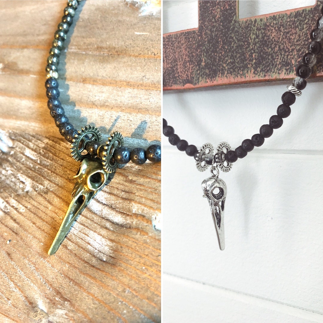 RAVEN, Fine Necklace, Raven Skull Cogs, Black Lava Stone and Glass - Etsy