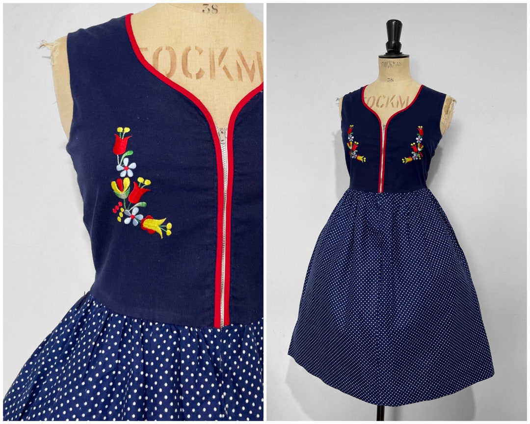 Vintage / 1960s 60s / Folk Embroidery Polka Dot Dress / Navy Red Yellow ...