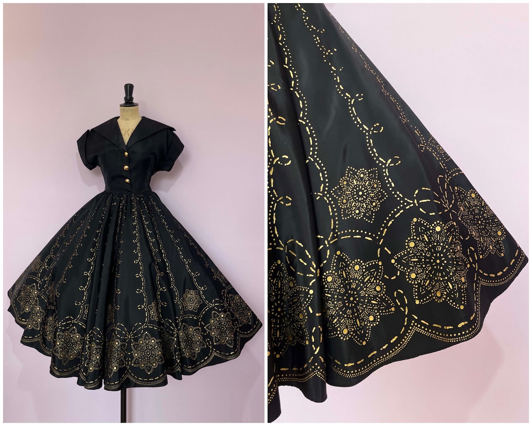 Vintage / 1950s 50s 1940s 40s / Batik Indian Print Full Skirt Dress ...