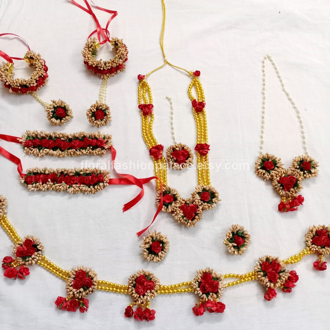 Red and Golden Color Bridal Floral Jewlery Set for Haldi Mehandi ...