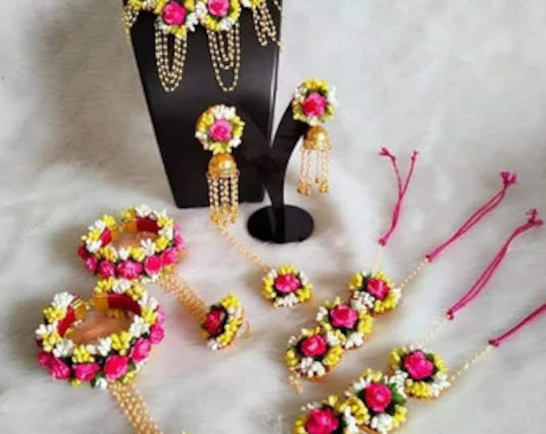 Multi Color Bridal Floral Jewellery Set for Haldi Mehandi Babyshower ...