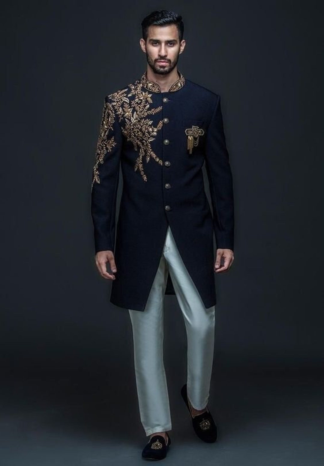 Wedding Sherwani for Men Navy Blue Embroidered Designer Custom made ...