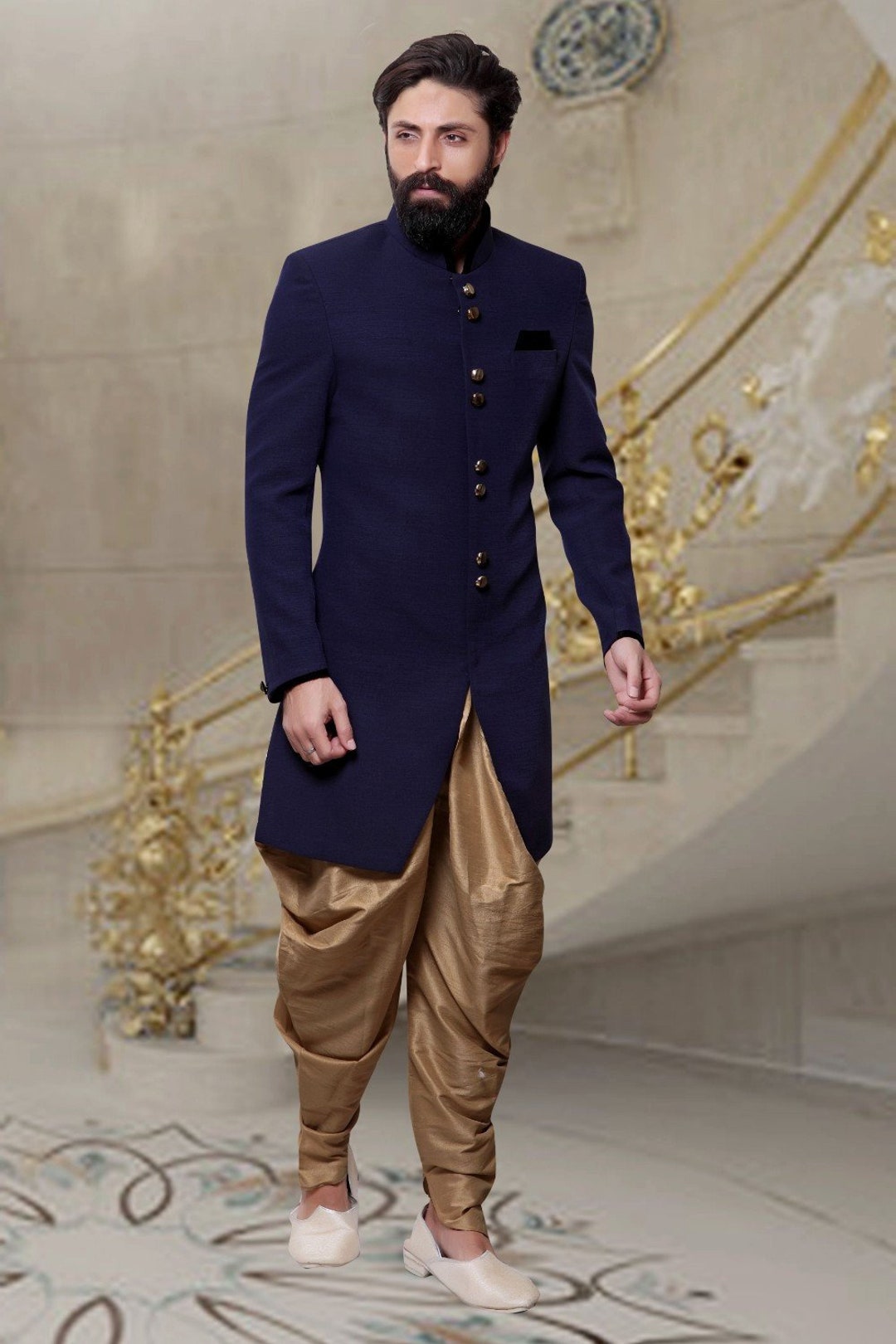 Wedding Sherwani for Men Ethnic Blue Silk Designer Traditional Prom ...