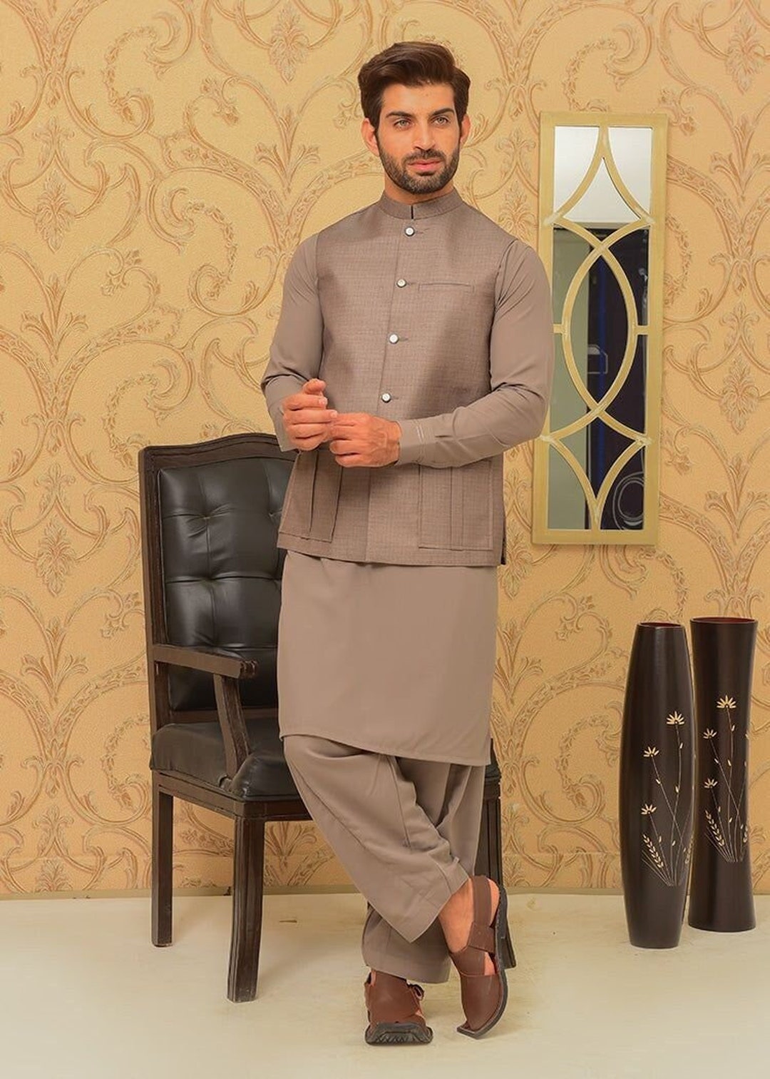 Kurta Pajama Men Cotton Solid Waist Coat With Pathani Kurta Pajama ...