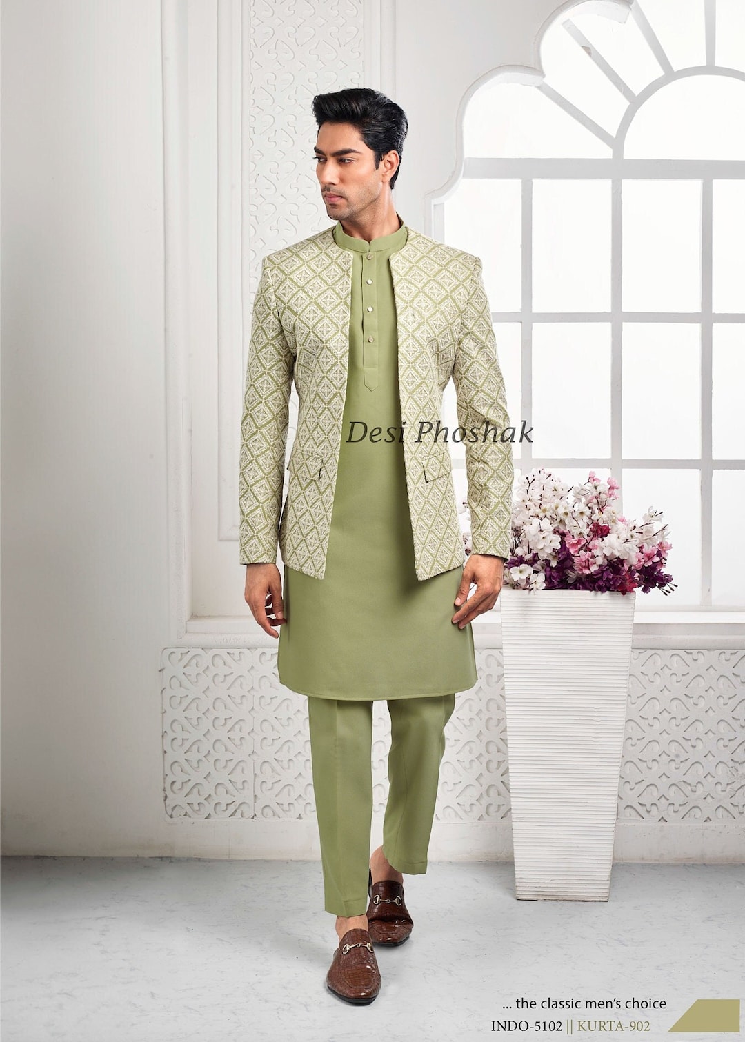 Designer Indowestern & Jodhpuri Green Coat Kurta Pajama Coat Prince ...