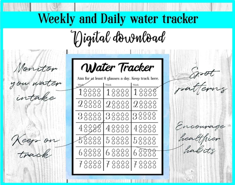 Daily and Weekly Water Tracker Printable Planner Journal Page, Drink ...