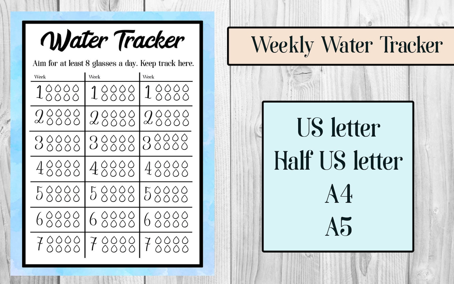 Daily and Weekly Water Tracker Printable Planner Journal Page, Drink ...
