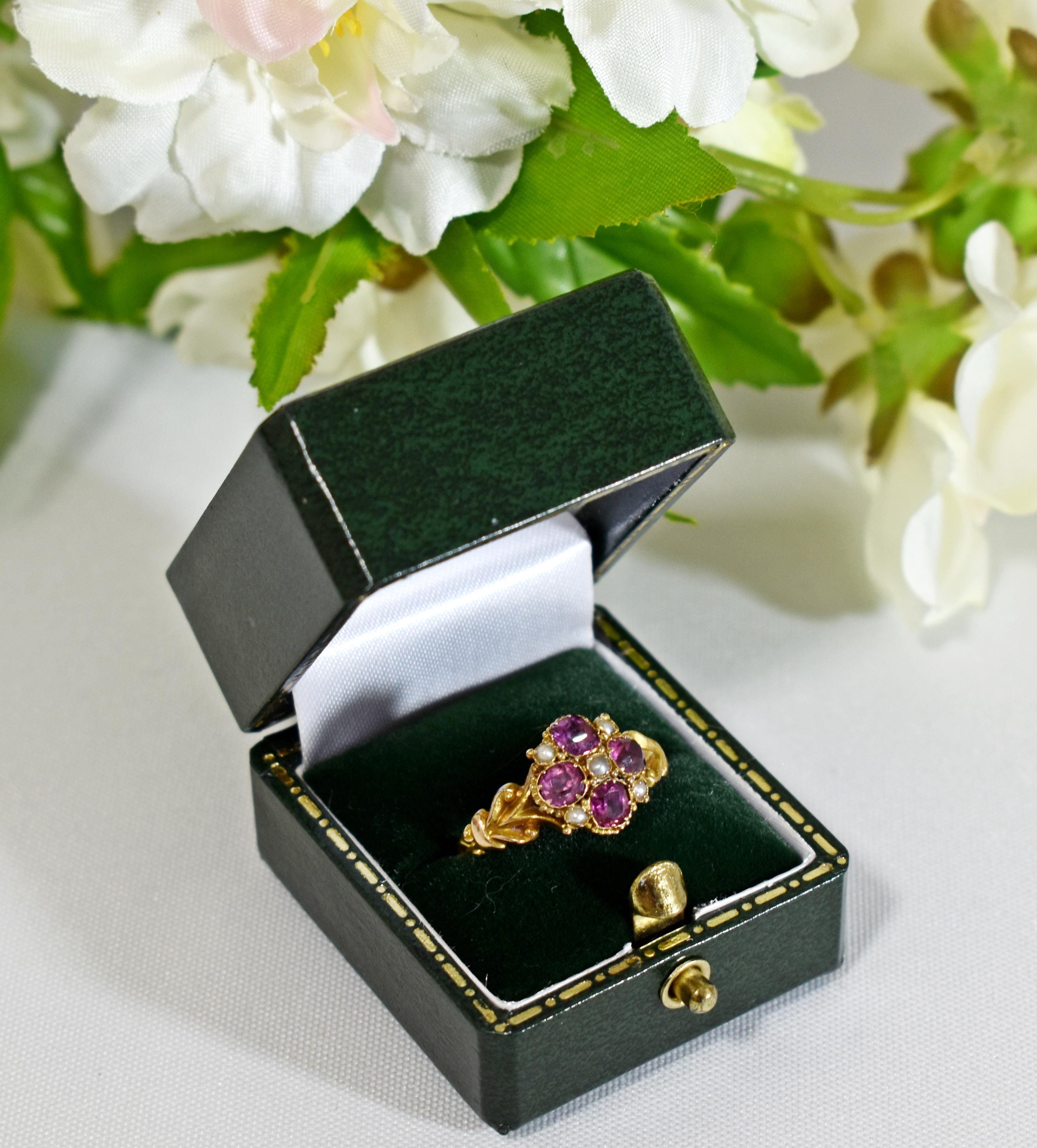 Antique 15ct Gold Flower Ring • Garnet & Pearl Cluster • Hallmarked ...