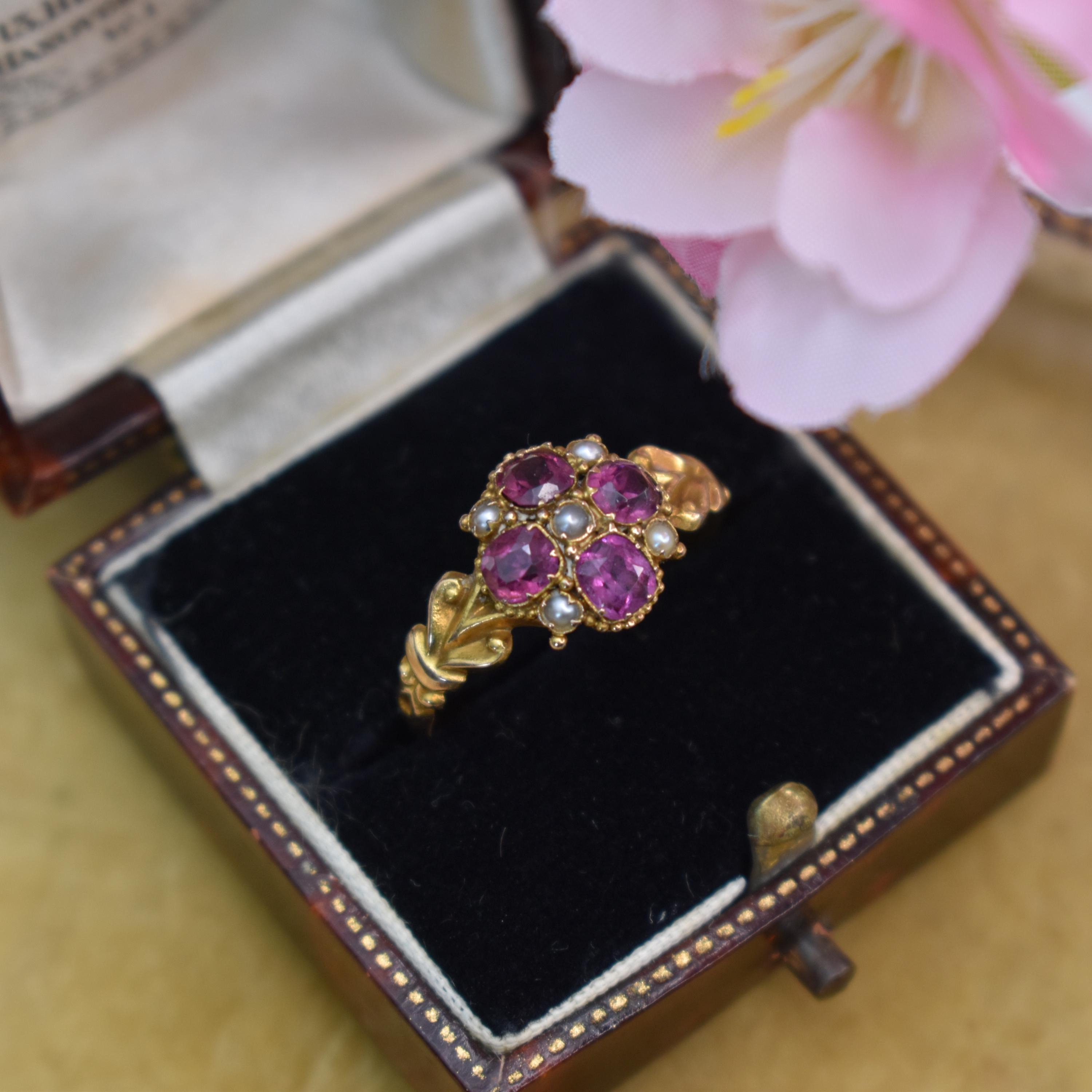 Antique 15ct Gold Flower Ring • Garnet & Pearl Cluster • Hallmarked ...