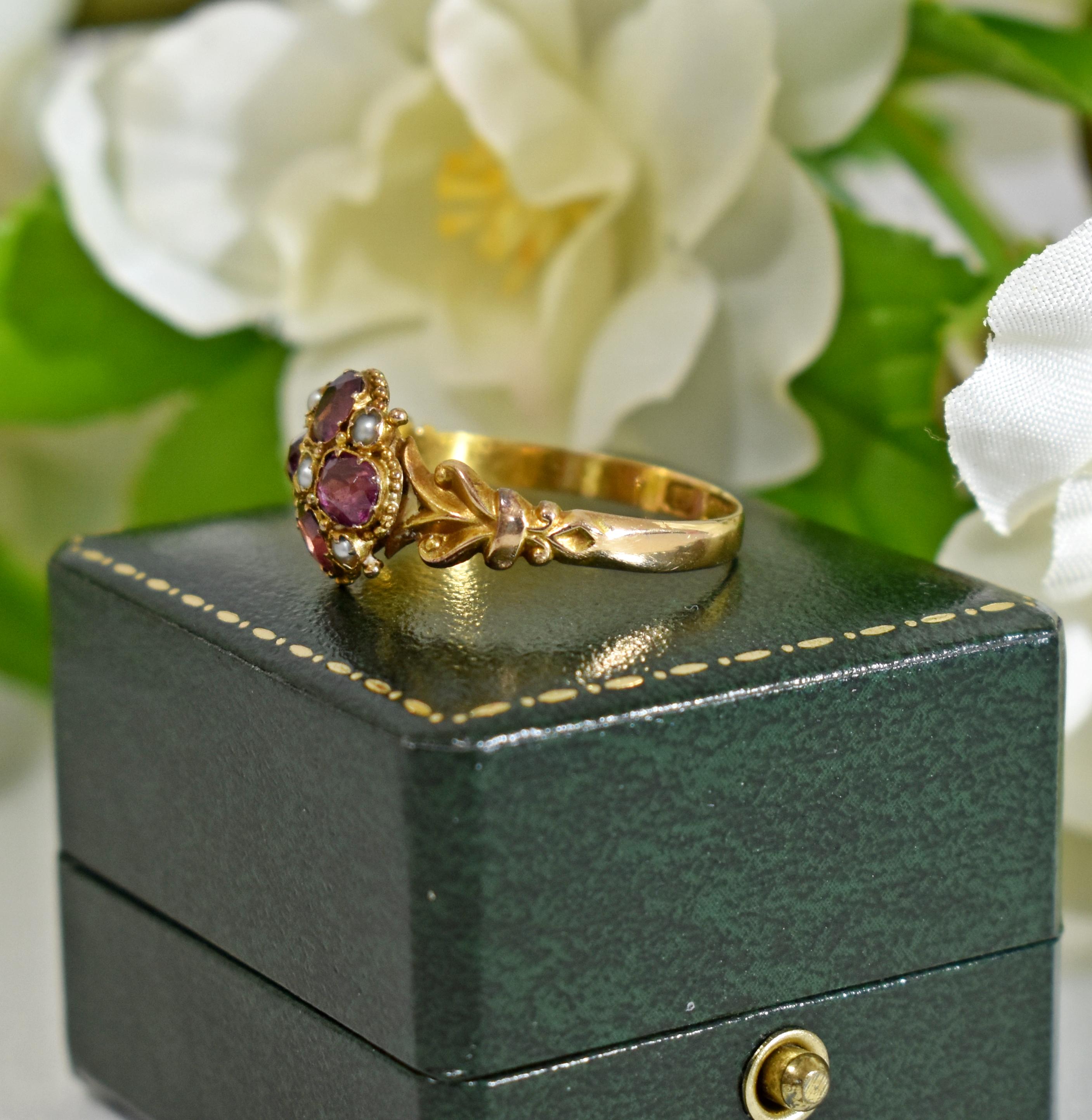 Antique 15ct Gold Flower Ring • Garnet & Pearl Cluster • Hallmarked ...