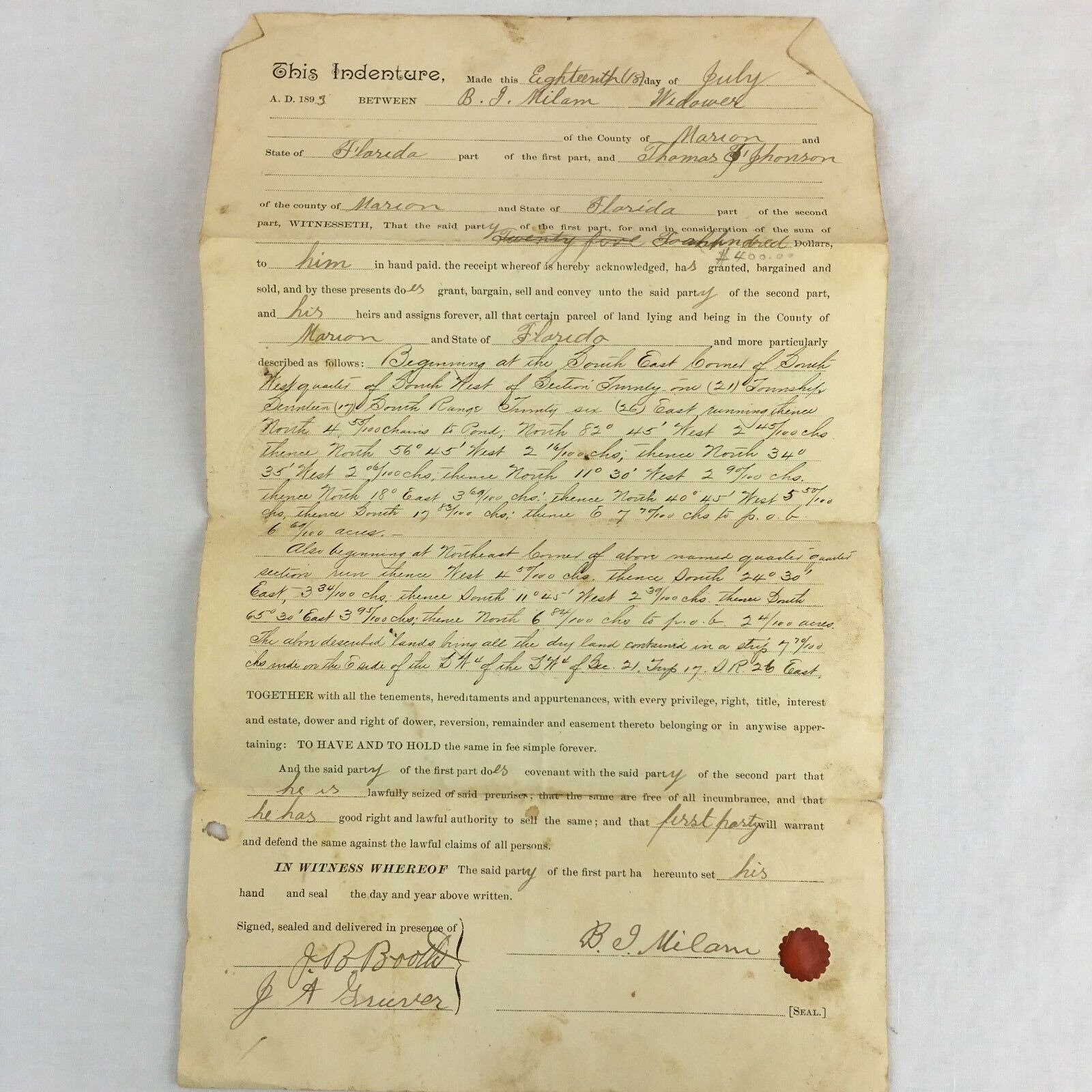 Original 1893 Real Estate Property Deed Marion County Florida Antique ...