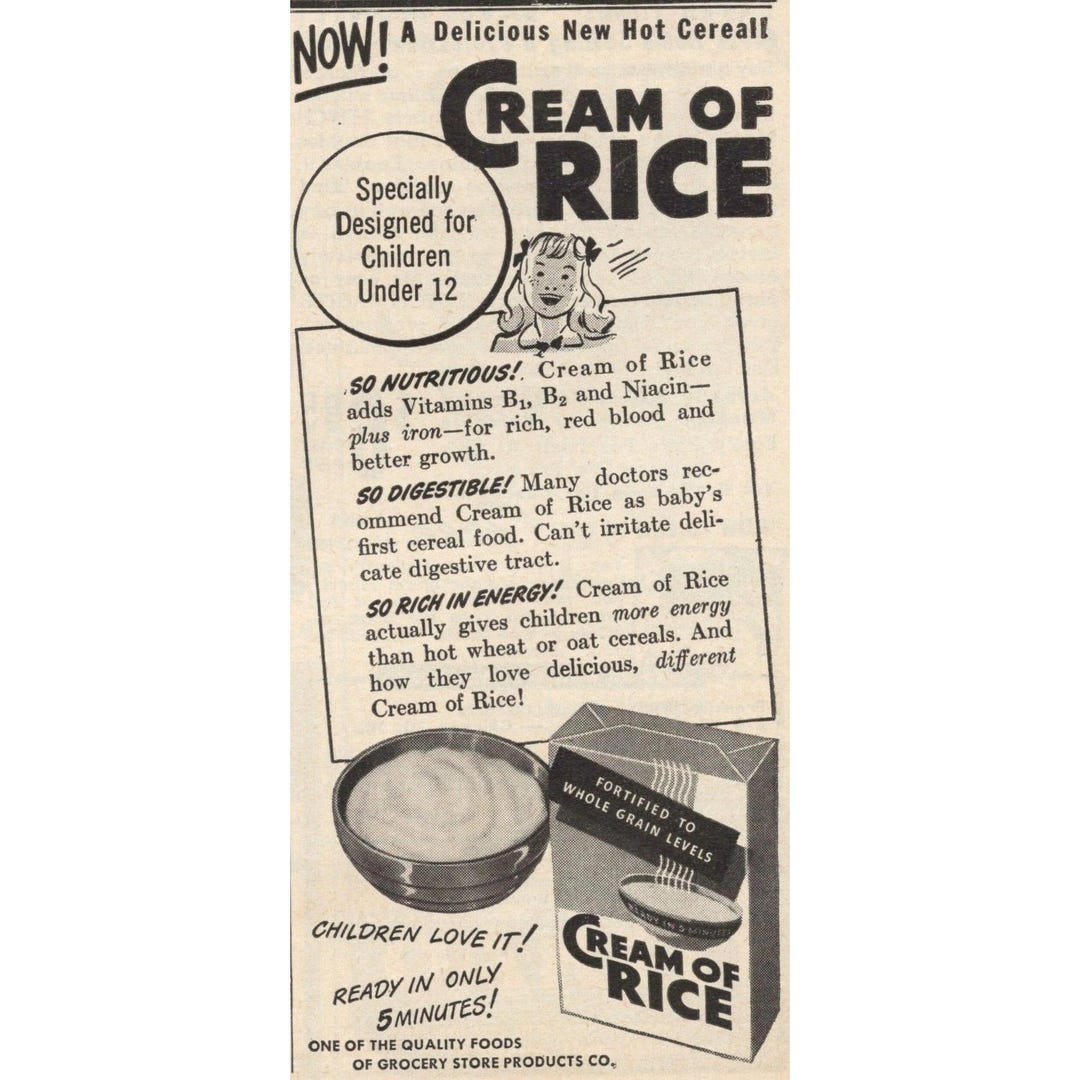 1947 Vintage Cream of Rice Print Ad Childrens Hot Cereal Original Paper ...