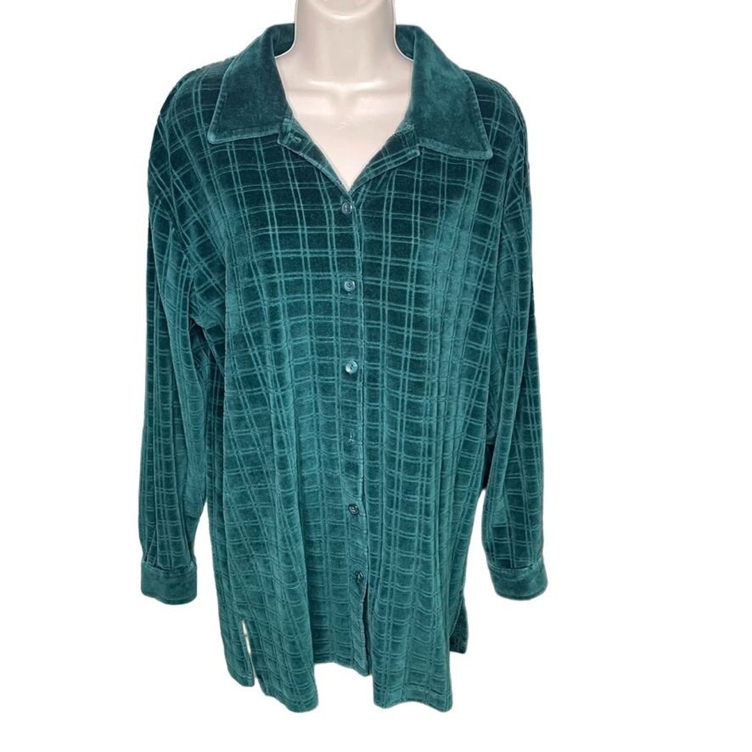 Vintage Womens Green Velet Velour Button up Long Sleeve Top U Flaw Size ...