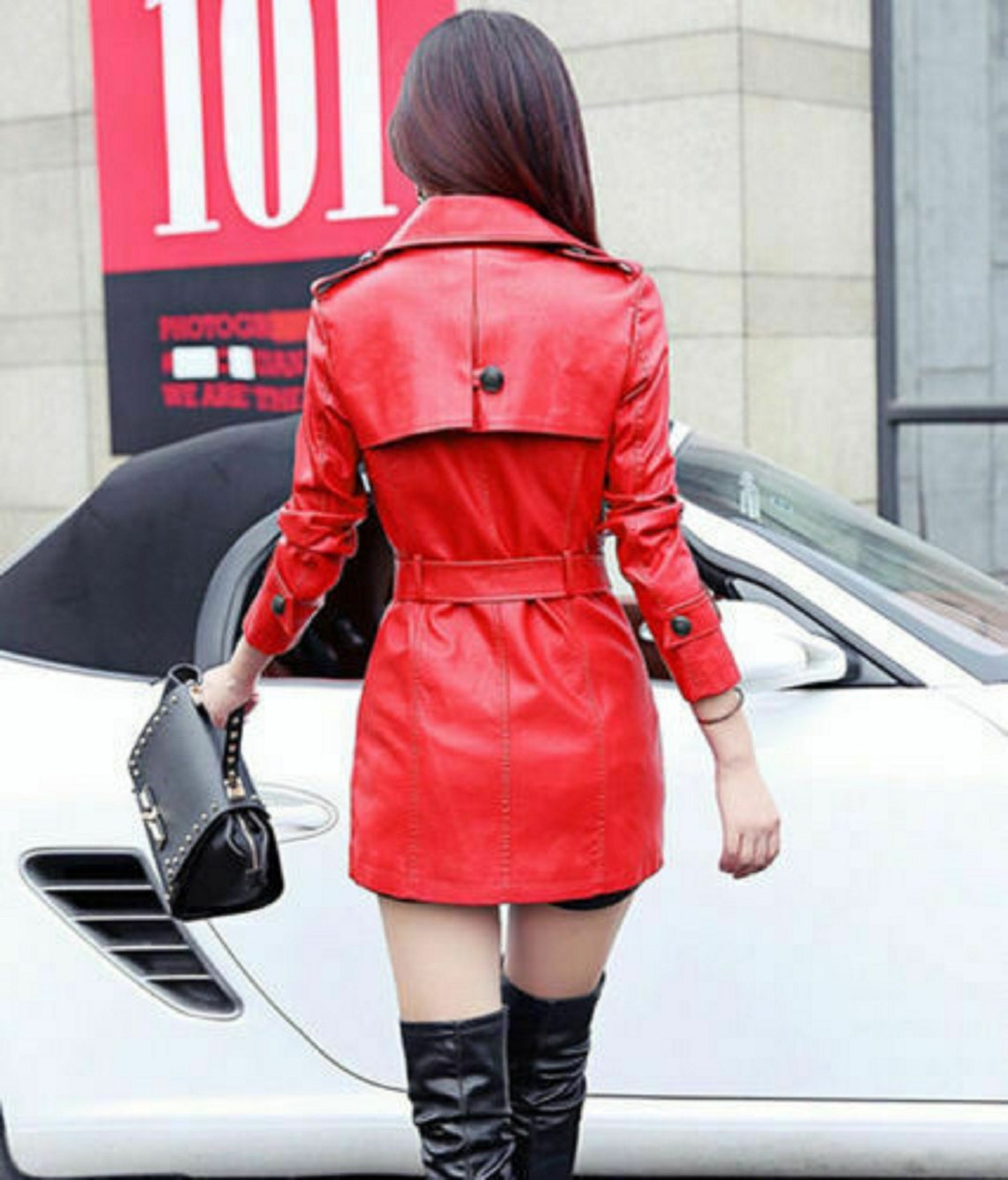 New HOT Women's Red Leather Jacket Long Outfit Jacket Genuine Leather 6 ...
