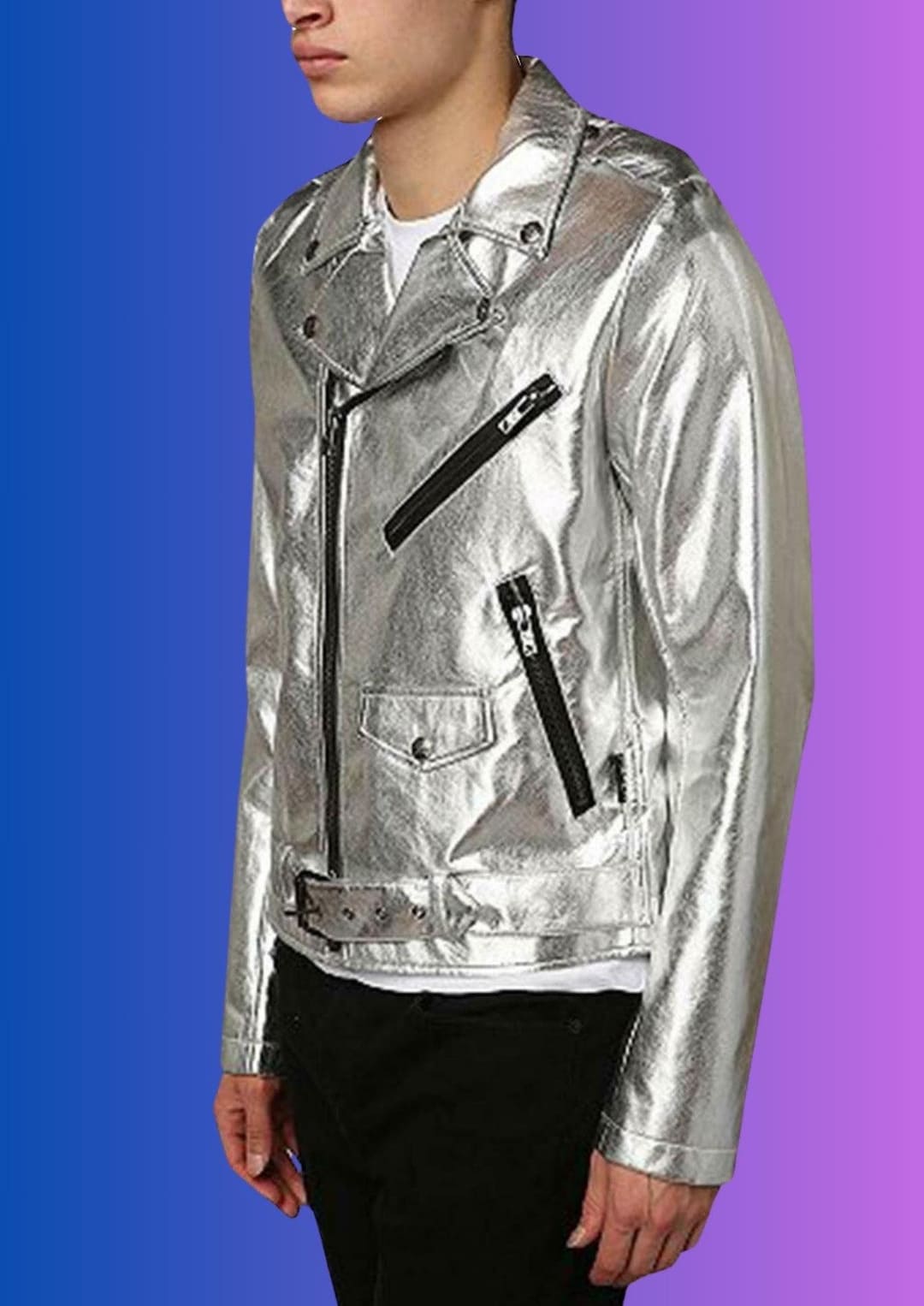 Handmade Men Metallic Silver Leather Jacket Racing Jacket Party Wear ...