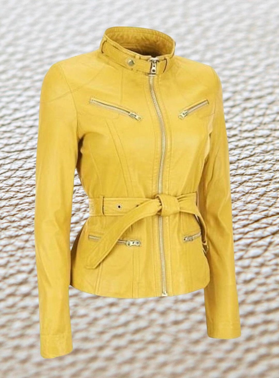 Women's Lambskin Yellow Motorcycle Jacket: Belted Leather Biker Style ...
