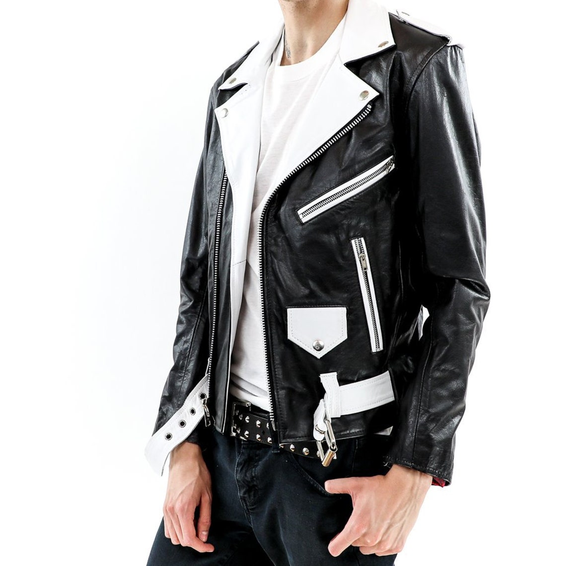 Handmade Mens Black & White Guinuine Belt Leather Stylish Different ...