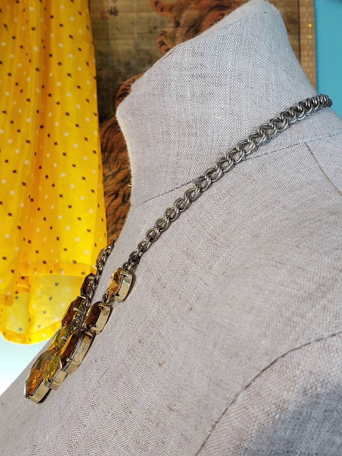Double Loop Chain Necklace With Golden and Amber Gems - Etsy
