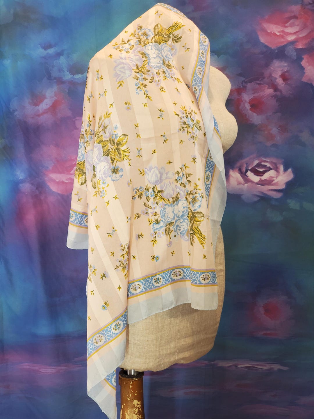 Pink and Blue Floral Patterned Head Scarf, Roses and Tulips - Etsy