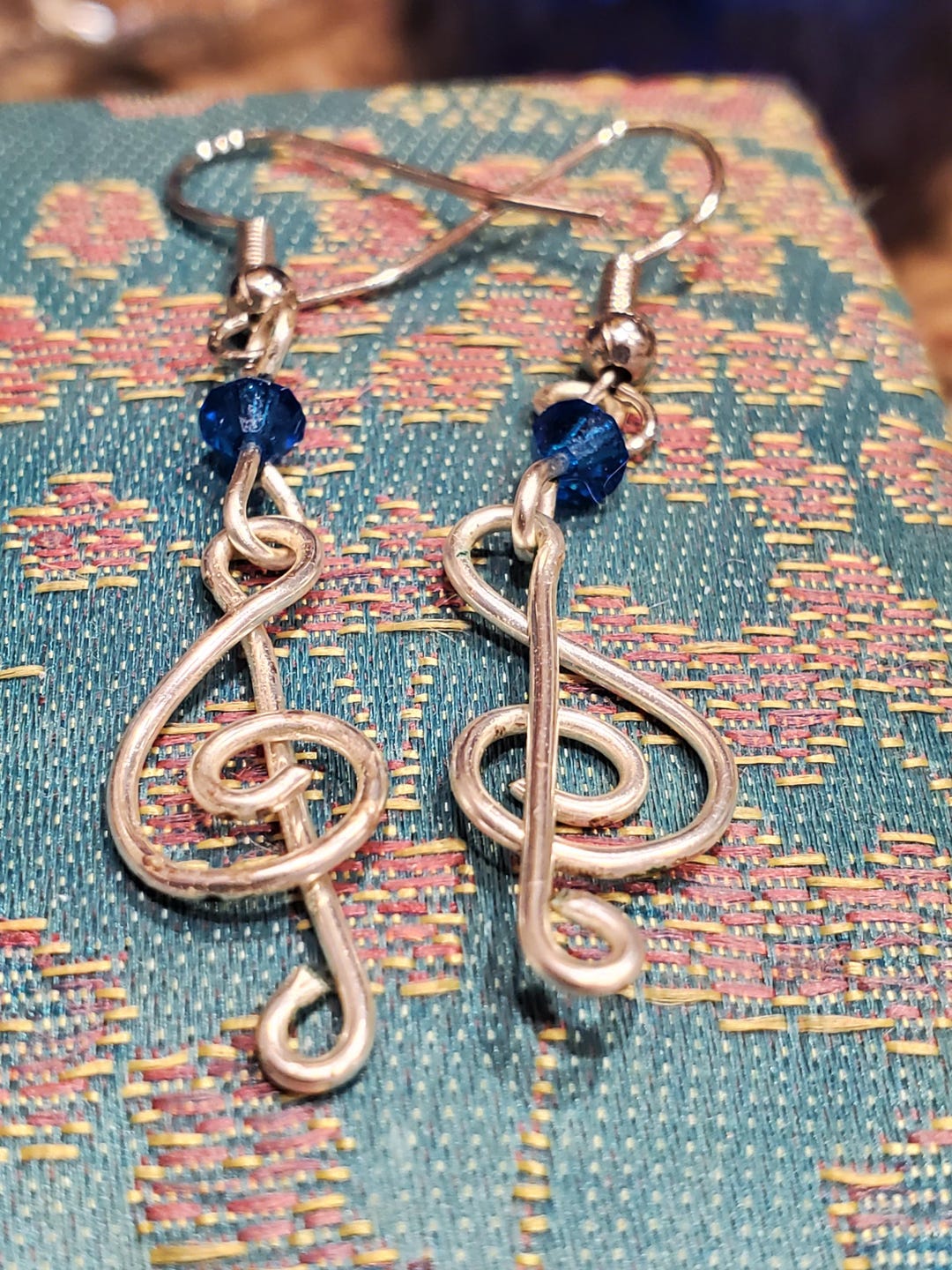 Silver Wire Treble Clef Dangle Earrings With Blue Gem - Etsy