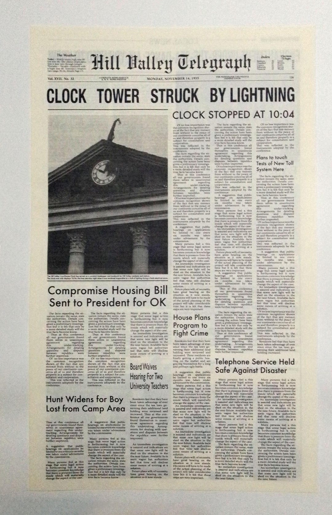 Newspaper Hill Valley Telegraph Clock Tower Struck by Lightning Back to ...