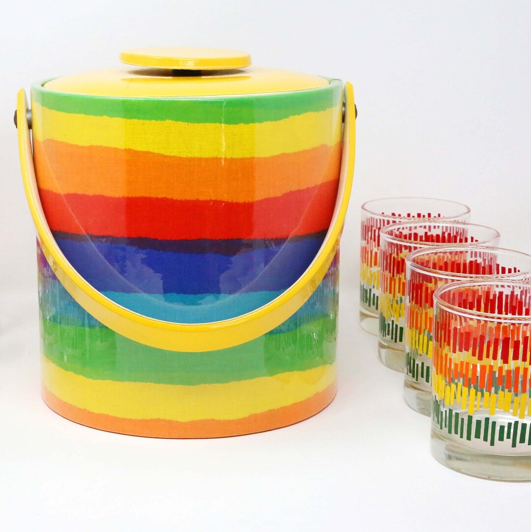 1980's Rainbow Stripe Ice Bucket and Glassware Set of 9 - Etsy