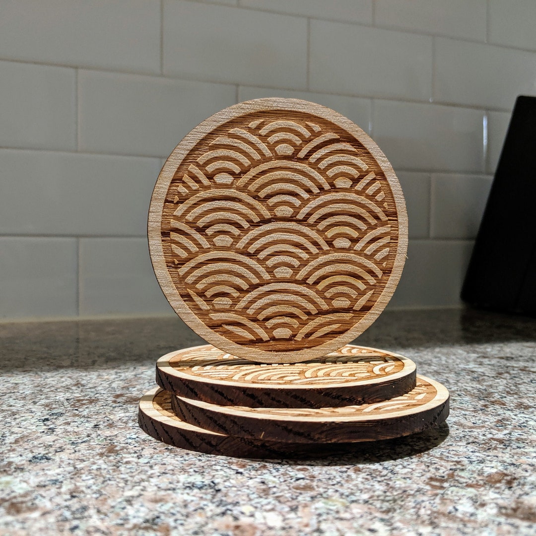 Japanese Wave Pattern Decorative Wood Coaster Set, Round Coasters ...
