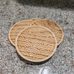 Japanese Wave Pattern Decorative Wood Coaster Set, Round Coasters ...