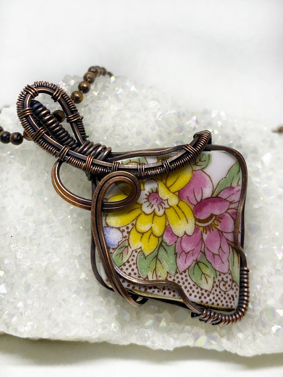 Copper Wire Wrapped Floral Pottery Necklace - Etsy