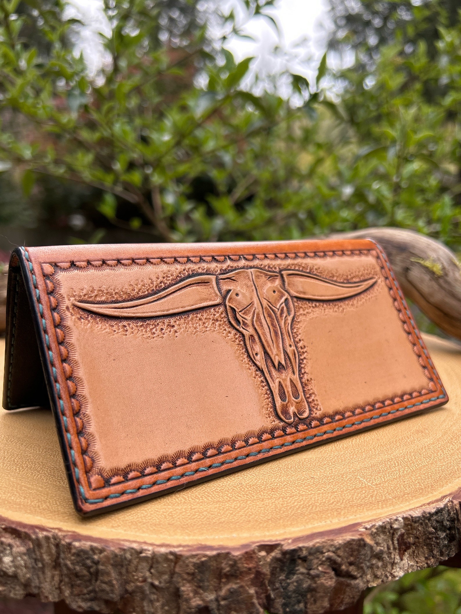 Hand Tooled Leather Roper Wallet With Steer Skull and Basket Weave - Etsy