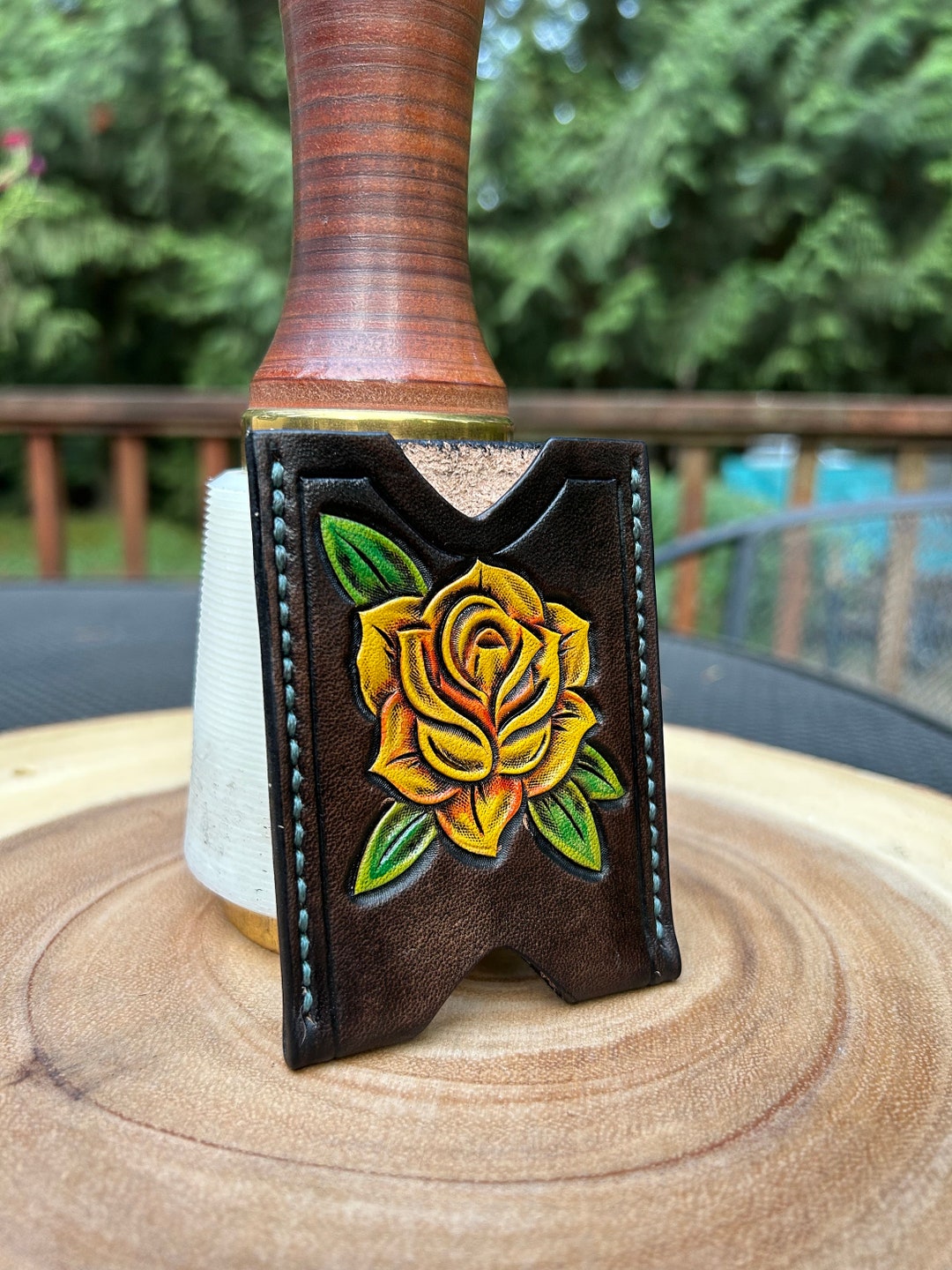 Hand Tooled Leather Card Wallet With Rose - Etsy