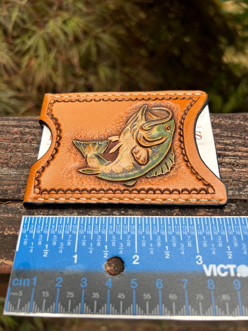 Hand Tooled Leather Card Wallet With Bass - Etsy