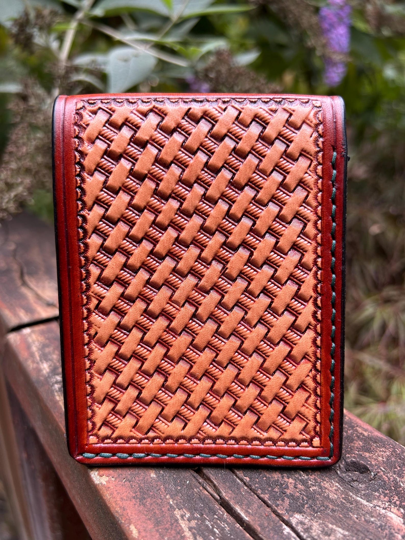 Hand Tooled Leather Bi Fold Wallet With Basket Weave - Etsy