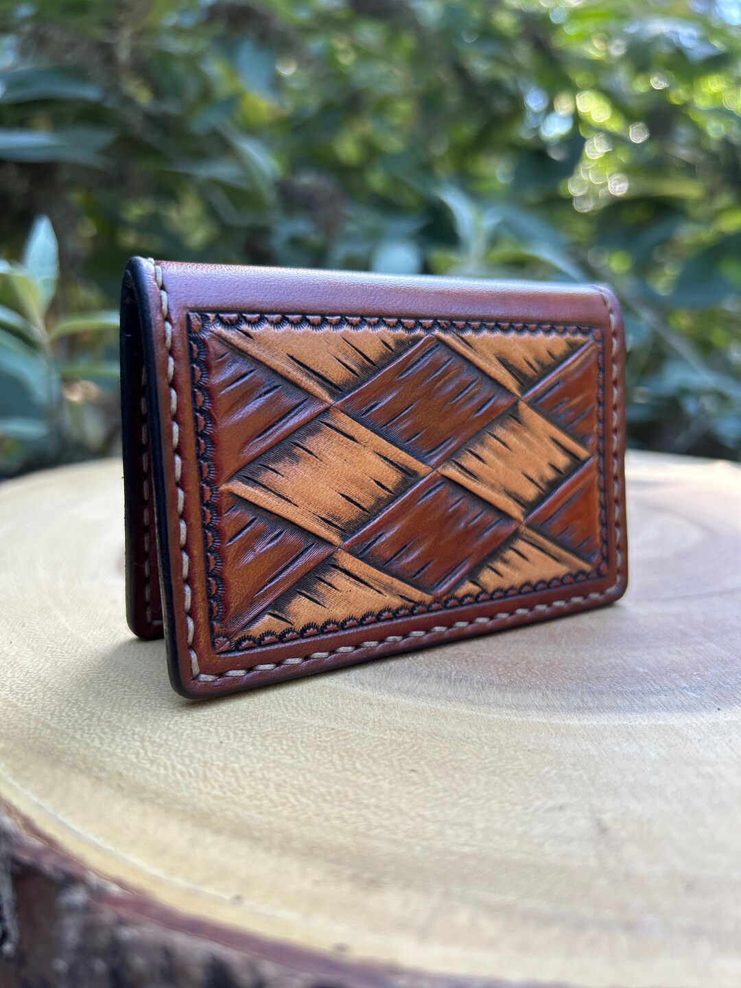Hand Tooled Leather, 2 Pocket Card Wallet With Basket Weave - Etsy