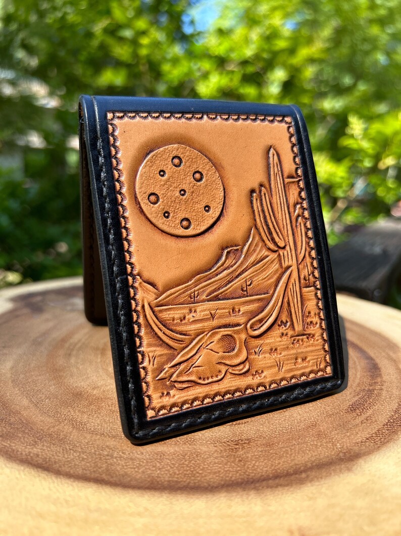 Hand Tooled Leather Bi Fold Wallet With Desert Scene - Etsy